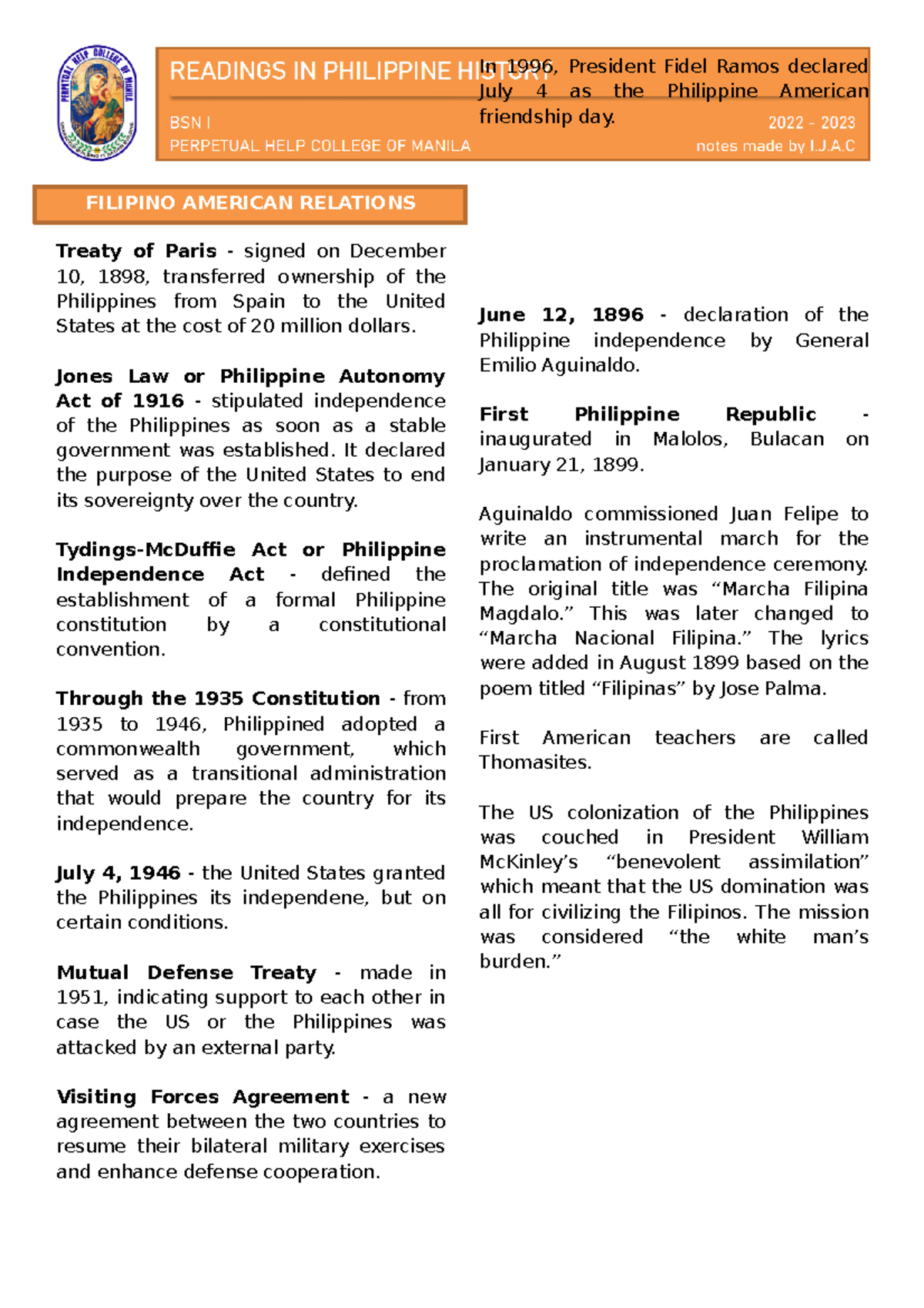 Phil history - Treaty of Paris - signed on December 10, 1898 ...