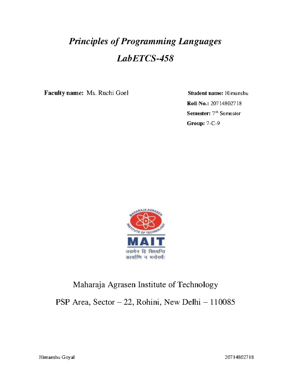 Himanshu-207148 027 18 PPL Lab File Final - Himanshu Goyal 20714802718 ...