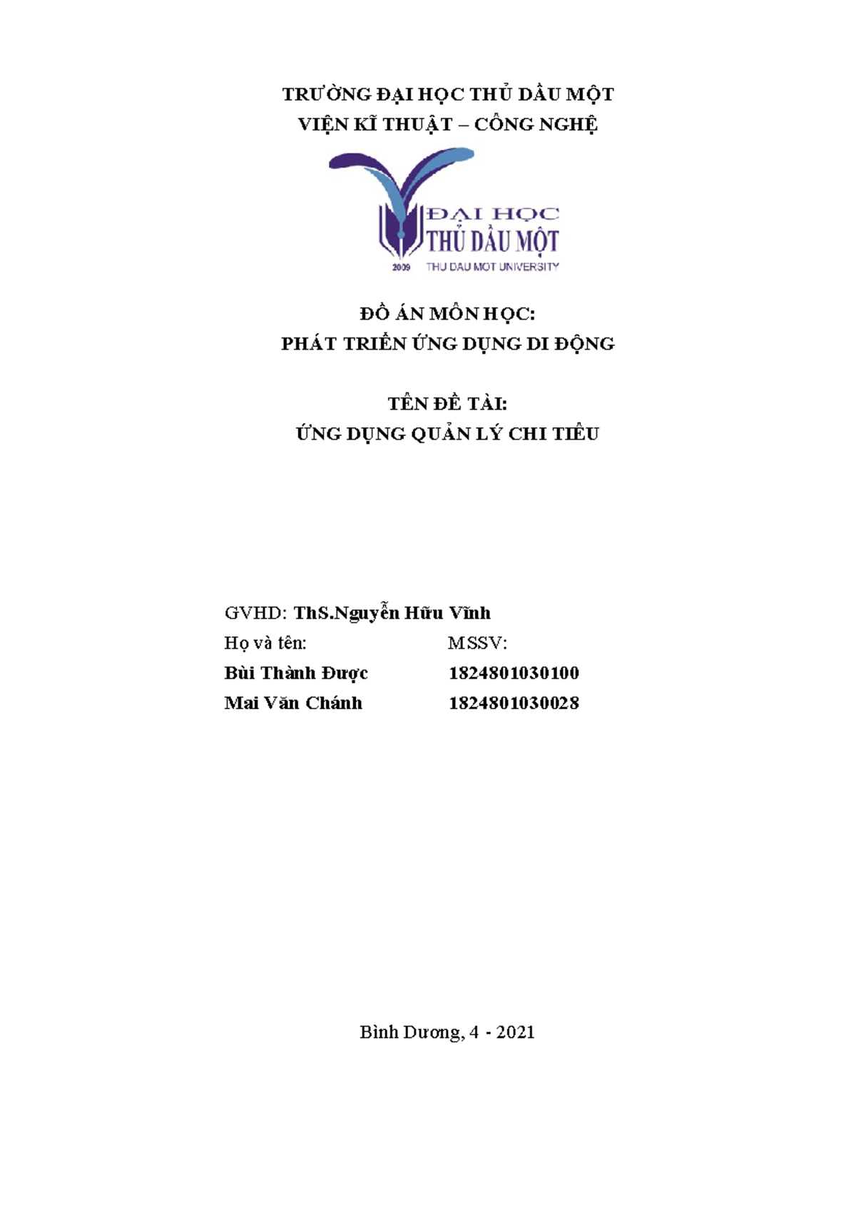 Bao Cao Cuoi Ki UDDD Thay Vinh - TRƯỜNG ĐẠI HỌC THỦ DẦU MỘT VIỆN KĨ ...