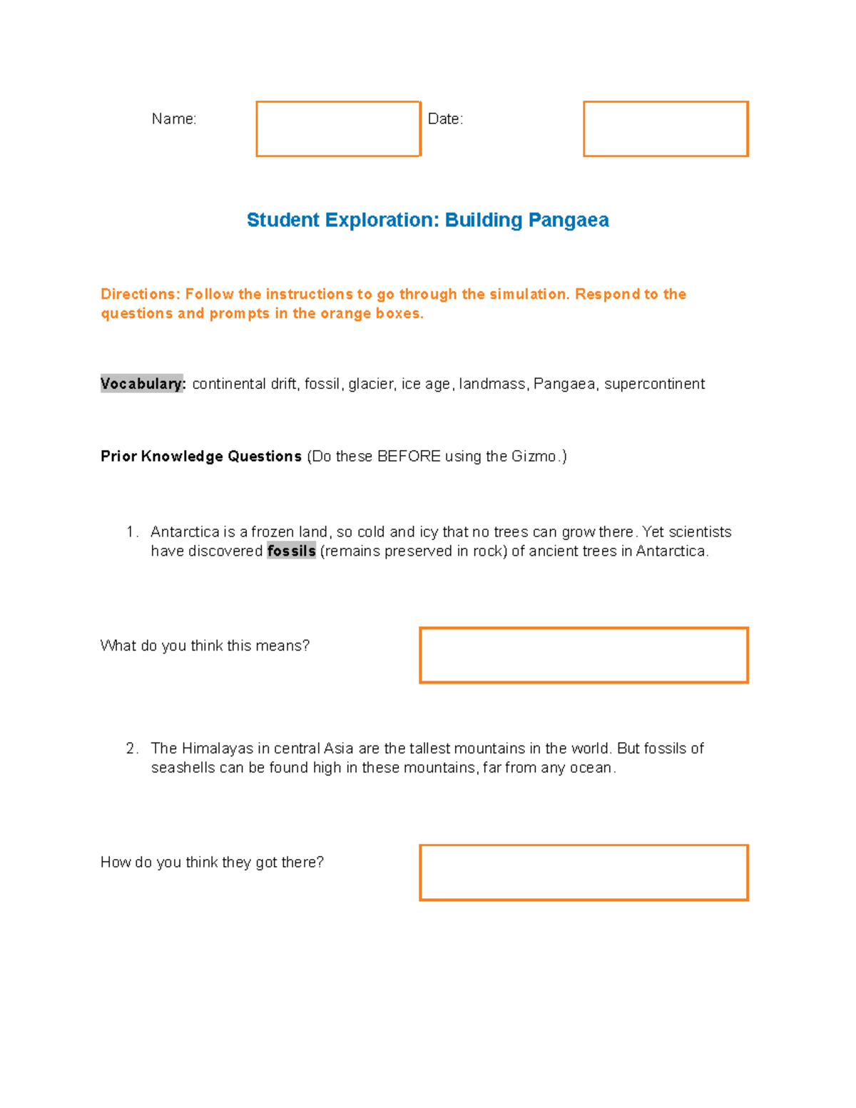 Pangea - N/A - Name: Date: Student Exploration: Building Pangaea ...