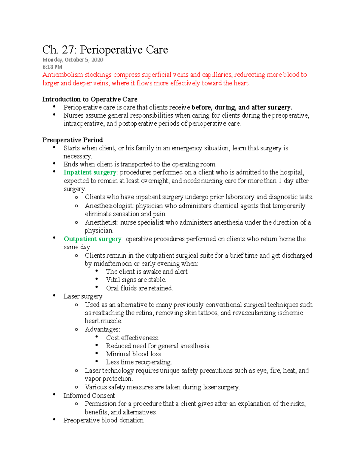 Perioperative Care - In depth notes taken from the section listed ...