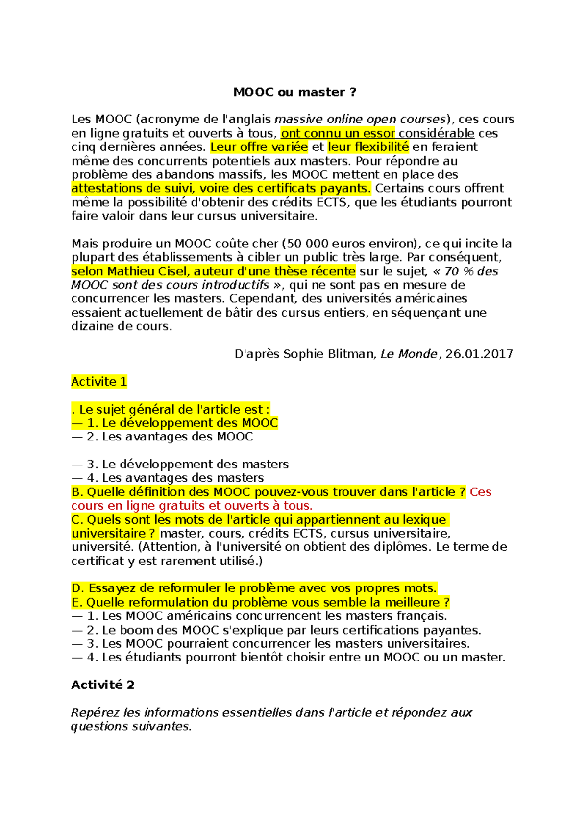 MOOC-ou-master - ôn tập viết - MOOC ou master? Les MOOC (acronyme de l'anglais massive online ...