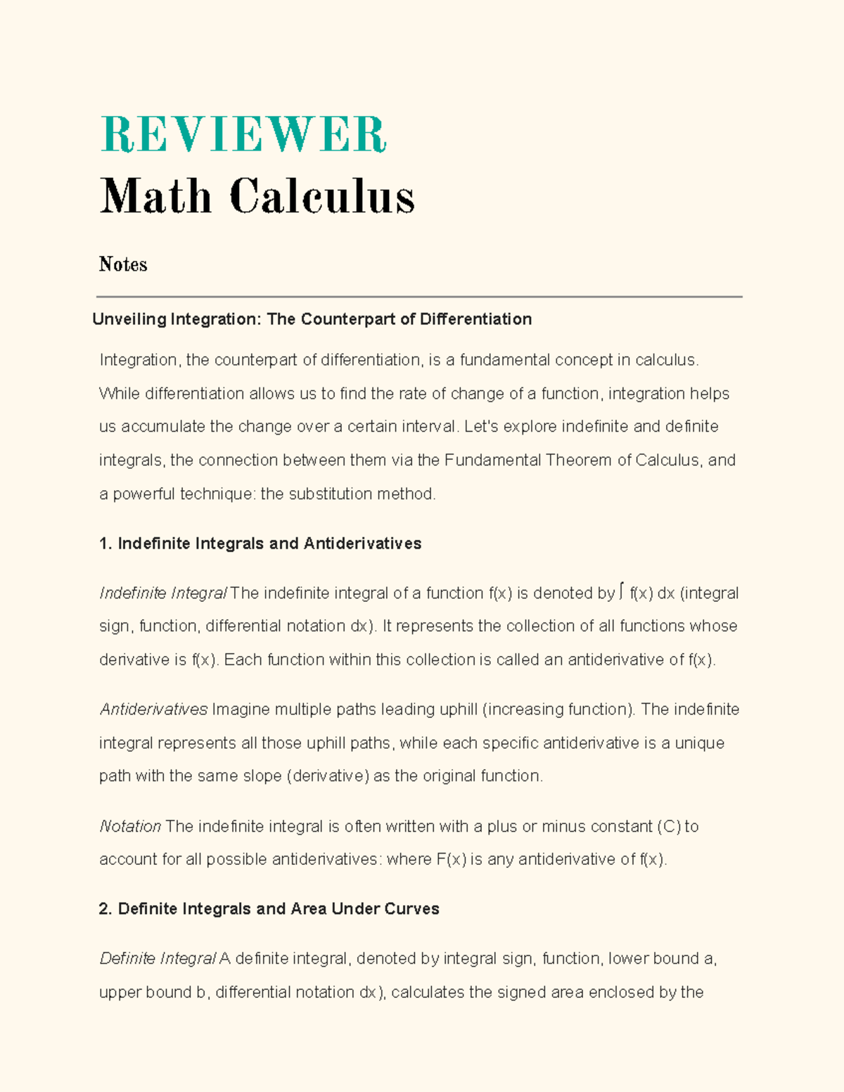 MATH Calculus Notes - REVIEWER Math Calculus Notes Unveiling ...