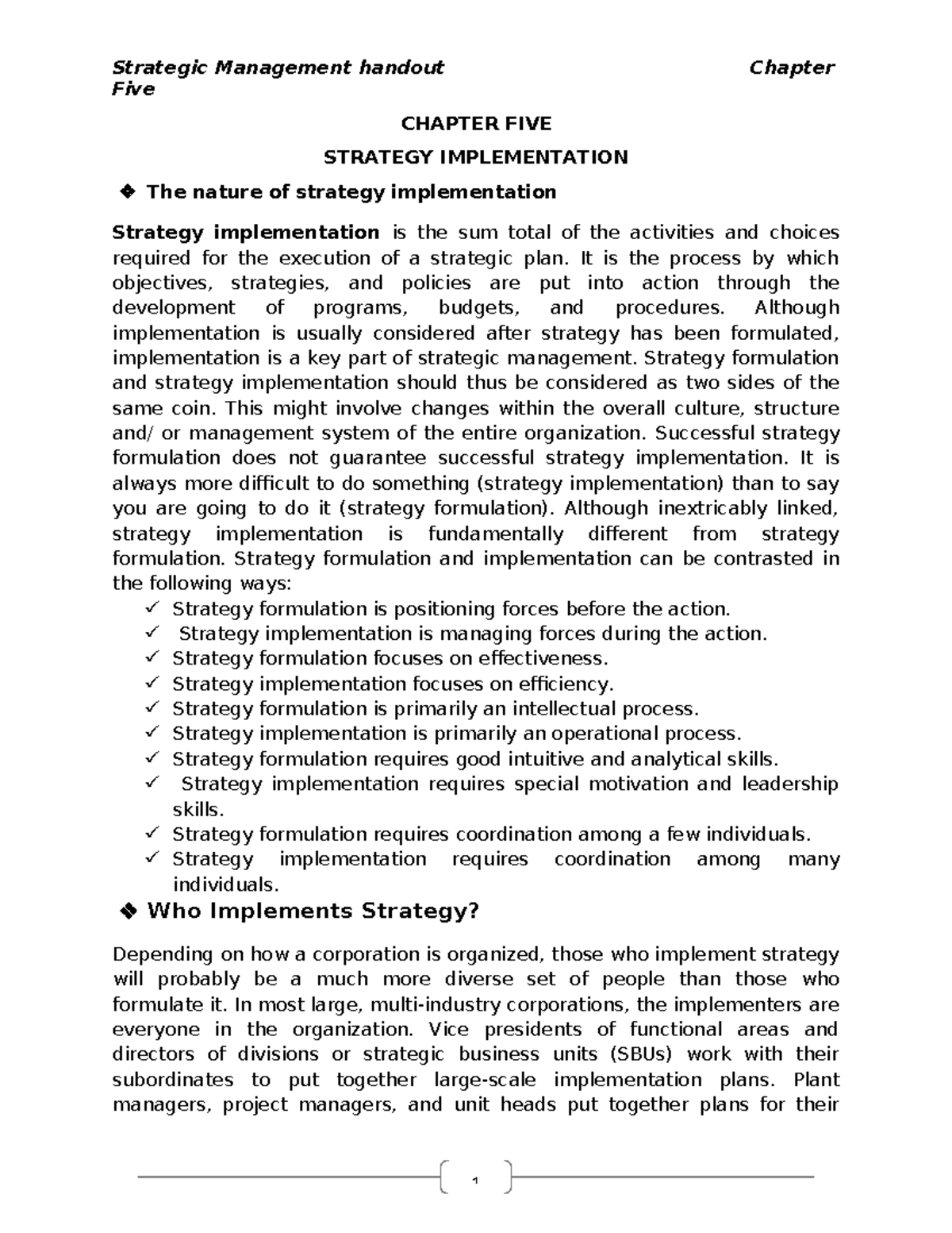 Chapter five strategy m - Five CHAPTER FIVE STRATEGY IMPLEMENTATION The ...