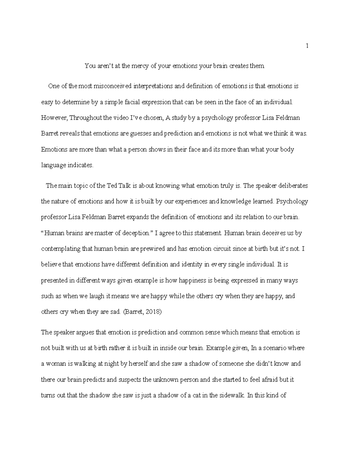 Perception Essay - "You aren’t at the mercy of your emotions your brain ...