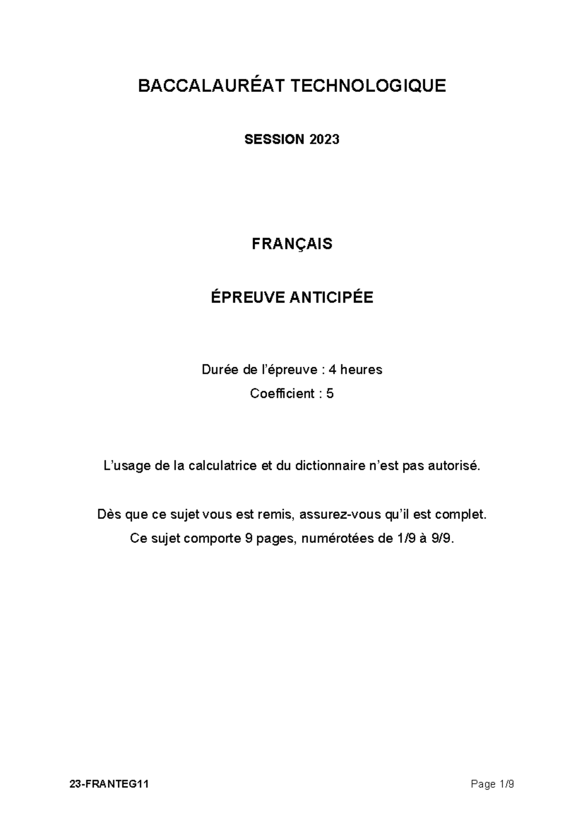 Sujet Bac Blanc n°2 - BACCALAURÉAT TECHNOLOGIQUE SESSION 2023 FRANÇAIS ...