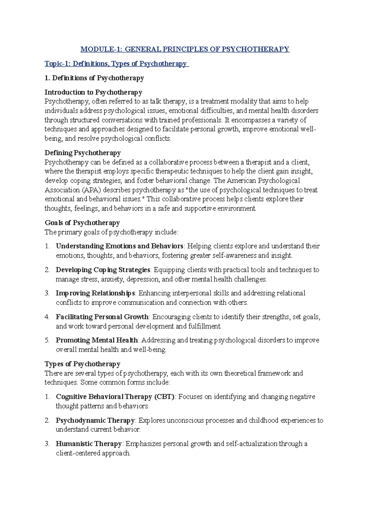 Psychotherapy - psy - MODULE-1: GENERAL PRINCIPLES OF PSYCHOTHERAPY ...