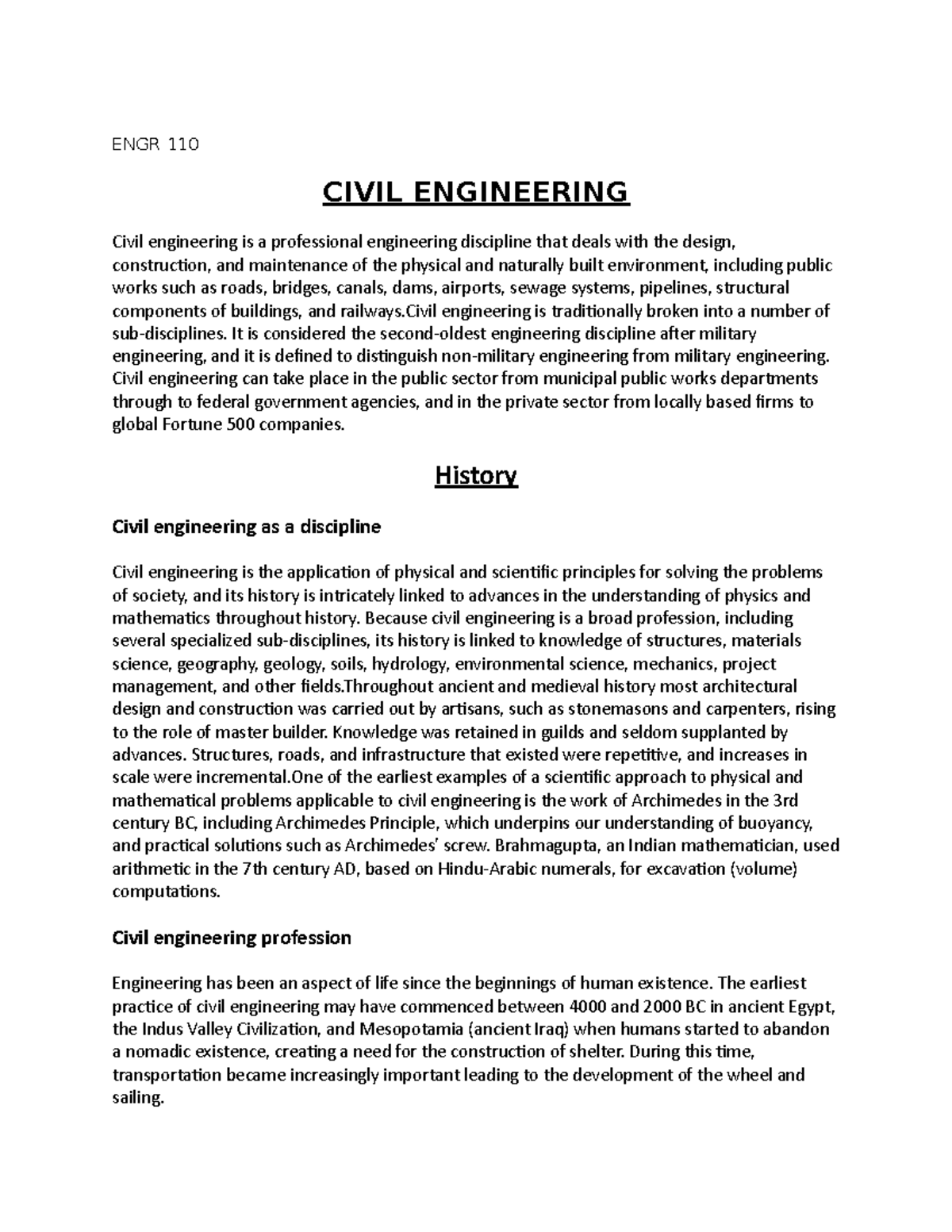 Civil Engineering ENGR 110 - ENGR 110 CIVIL ENGINEERING Civil engineering is a professional ...