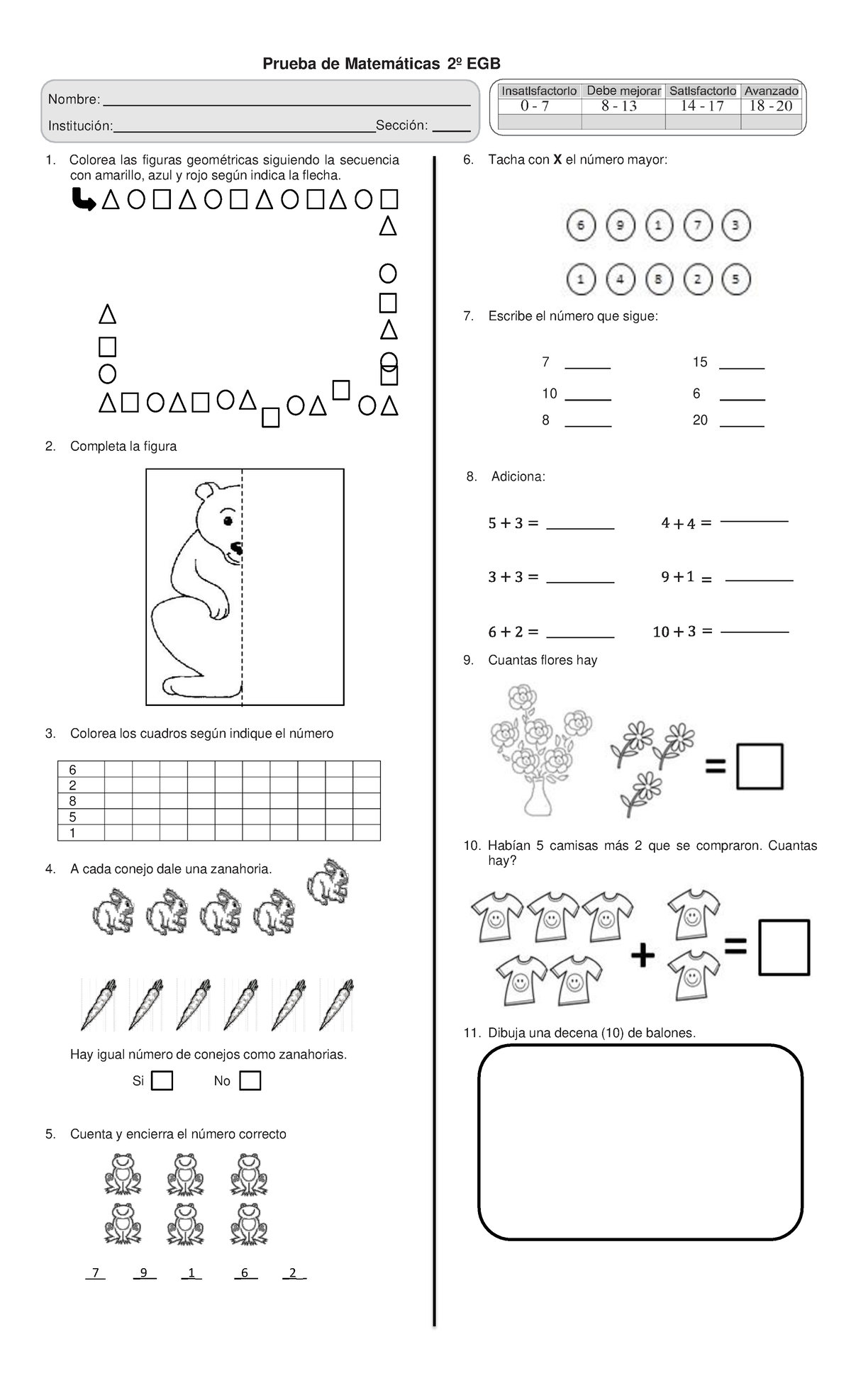 2º EGB - prueba de matematicas - Prueba de Matemáticas 2º EGB Nombre: I ...