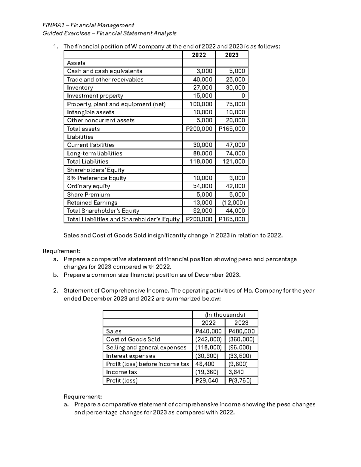 Guided Exercises Financial Statement Analysis - FINMA1 – Financial ...