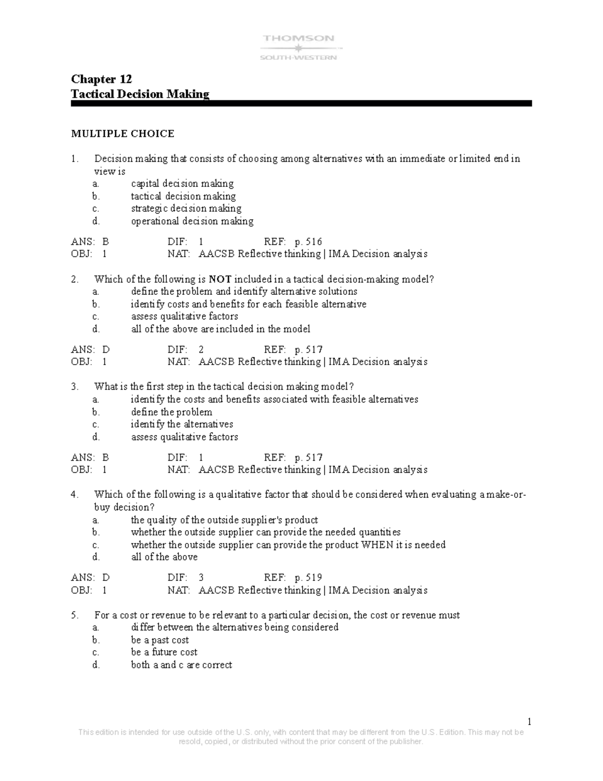 Chapter 11: Tactical Decision Making - Chapter 12 Tactical Decision ...