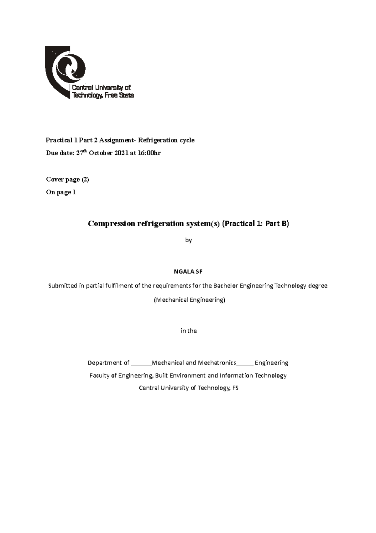 Practical 1 Part 2 Assignment - Practical 1 Part 2 Assignment- Refrigeration cycle Due date ...