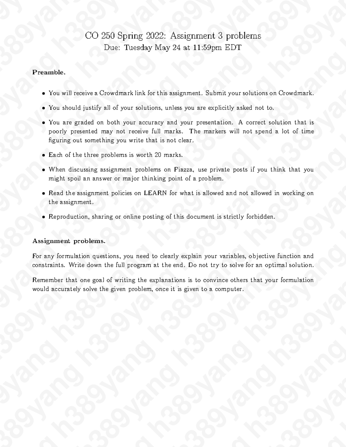 Co250 s22 a3 - assignment - CO 250 Spring 2022: Assignment 3 problems ...