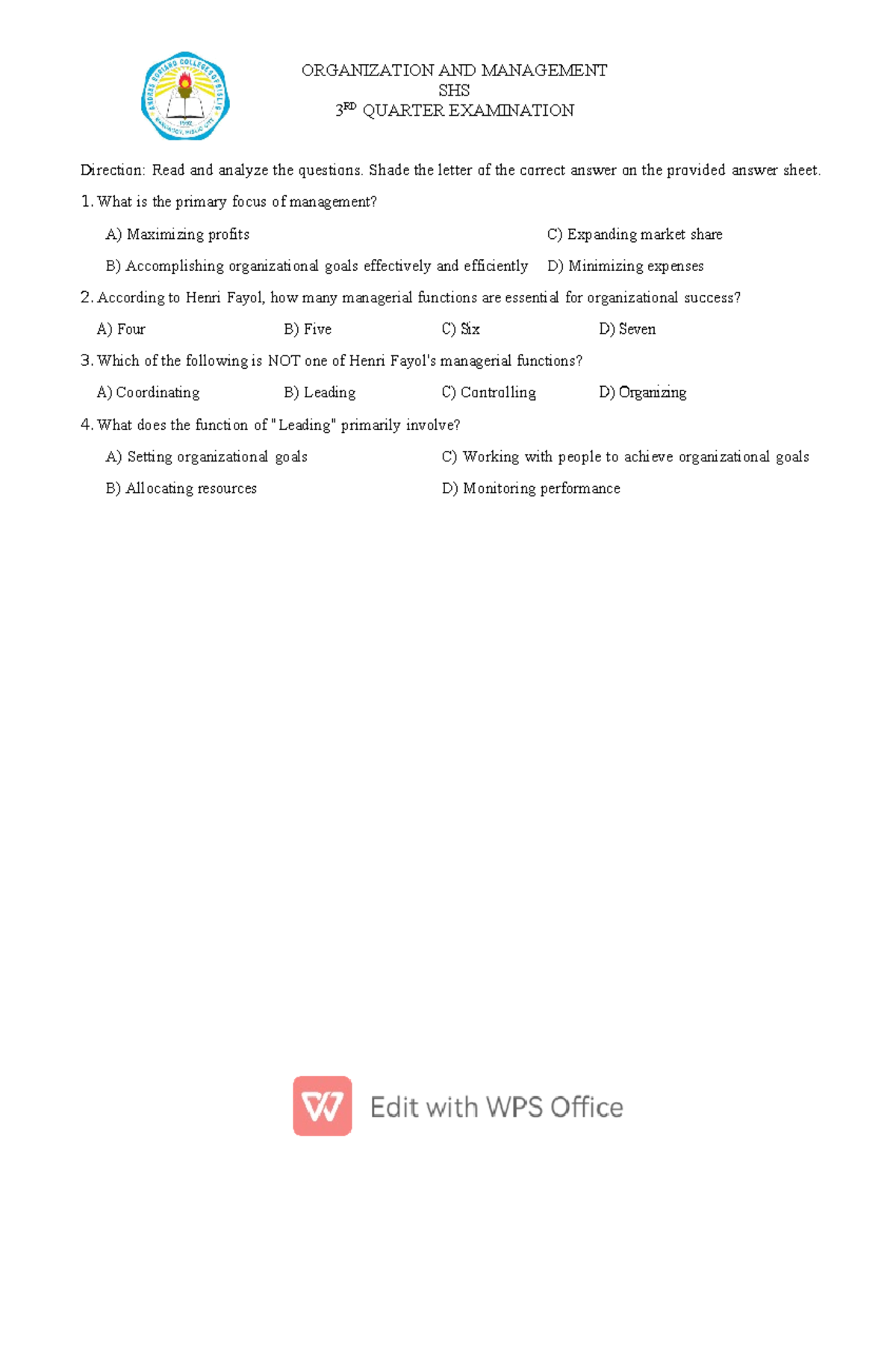 1st Quarter Exam Org Mgt - ORGANIZATION AND MANAGEMENT SHS 3 RD QUARTER ...