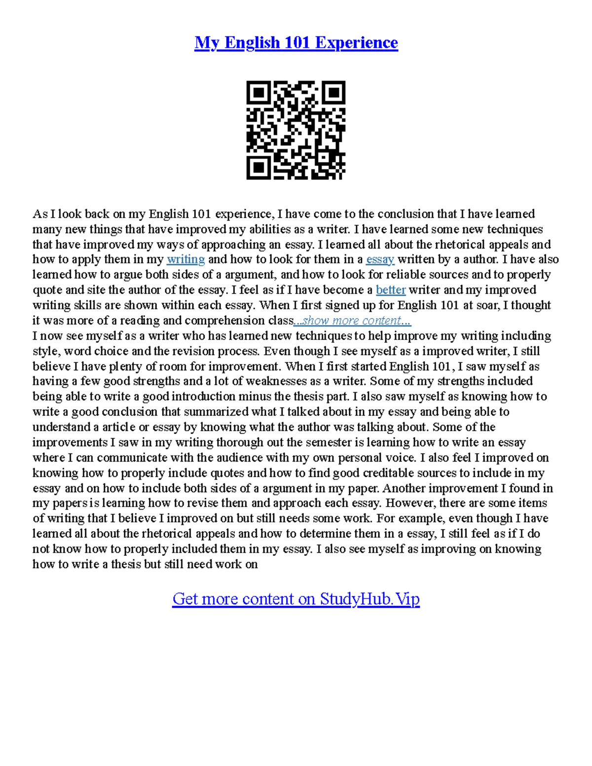 Full Essay Examples - My English 101 Experience As I look back on my ...