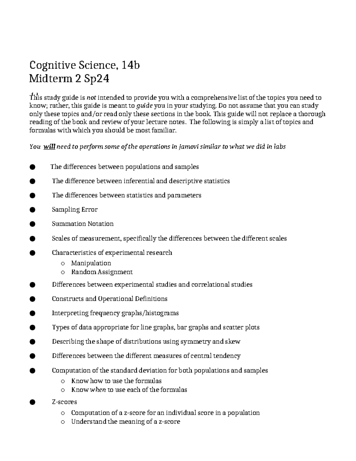 Cogs 14B Study Guide Midterm 2 - Cognitive Science, 14b Midterm 2 Sp ...