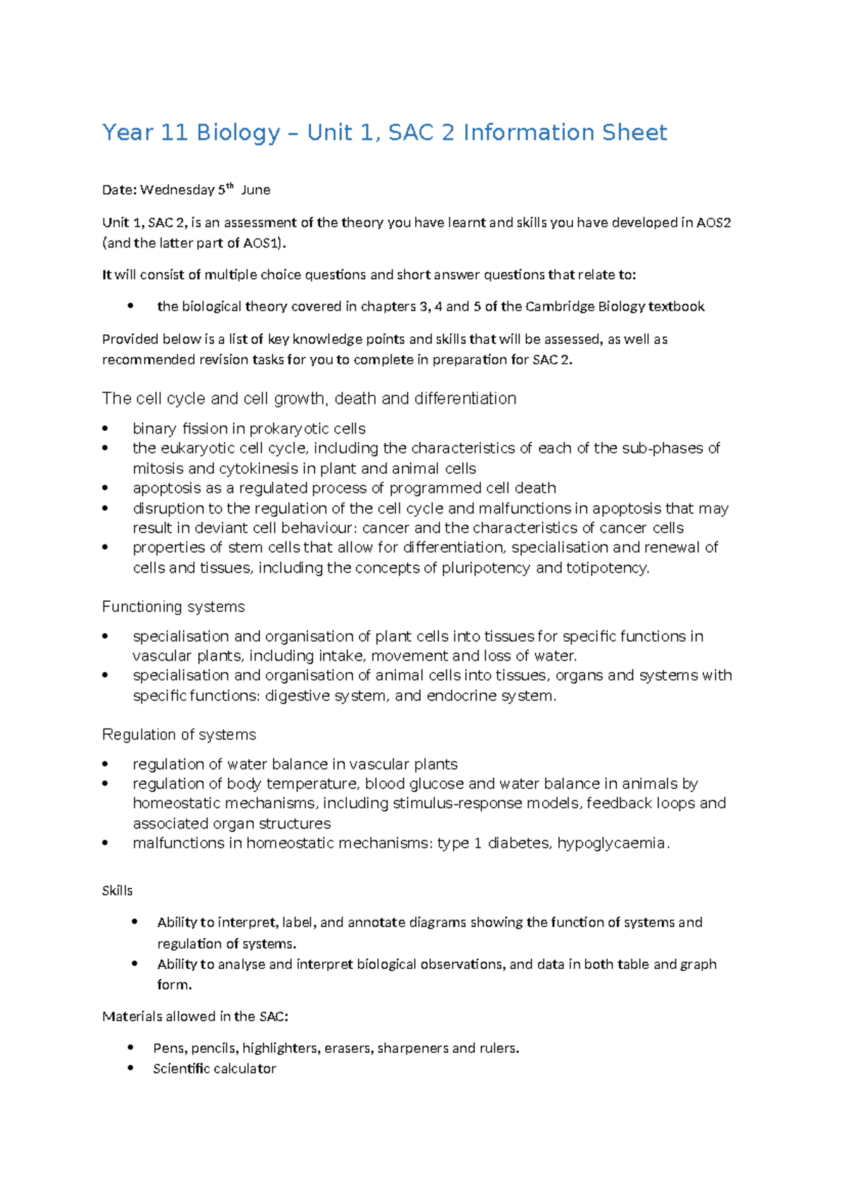 Year 11 Biology - SAC 2 information and revision materials 2024 - Year ...