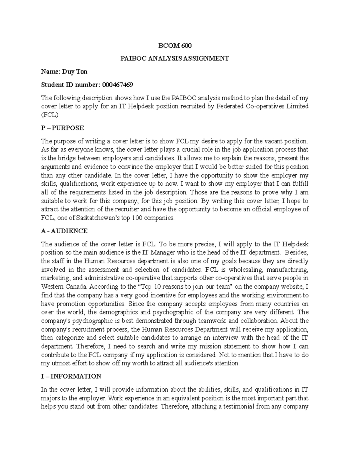 PAIBOC Assignment - BCOM 600 PAIBOC ANALYSIS ASSIGNMENT Name: Duy Ton ...