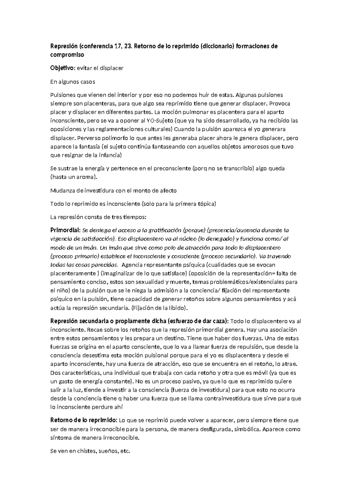 Represión - Apuntes - Represión (conferencia 17, 23. Retorno de lo ...