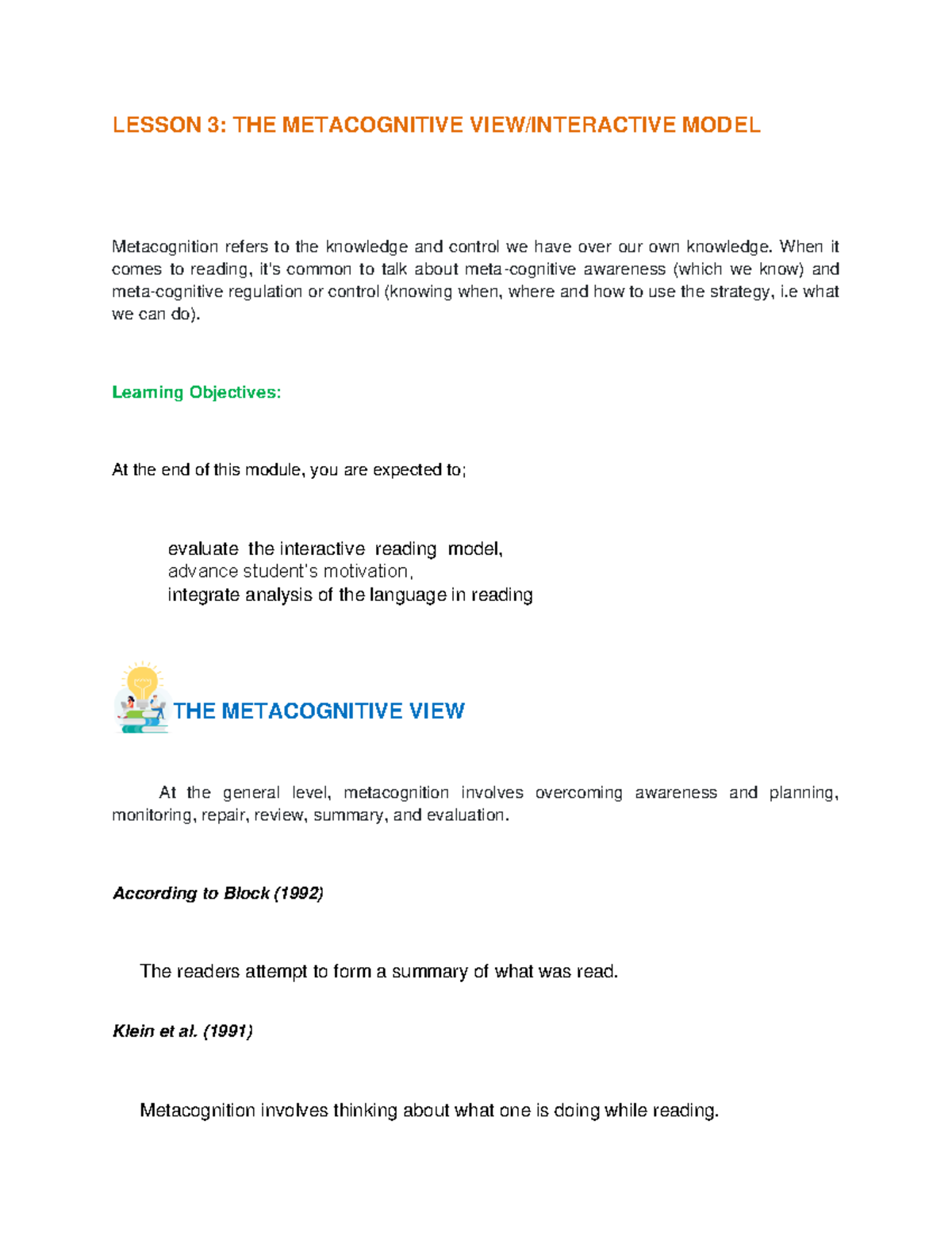 The Metacognitive View or Interactive Model - LESSON 3: THE ...