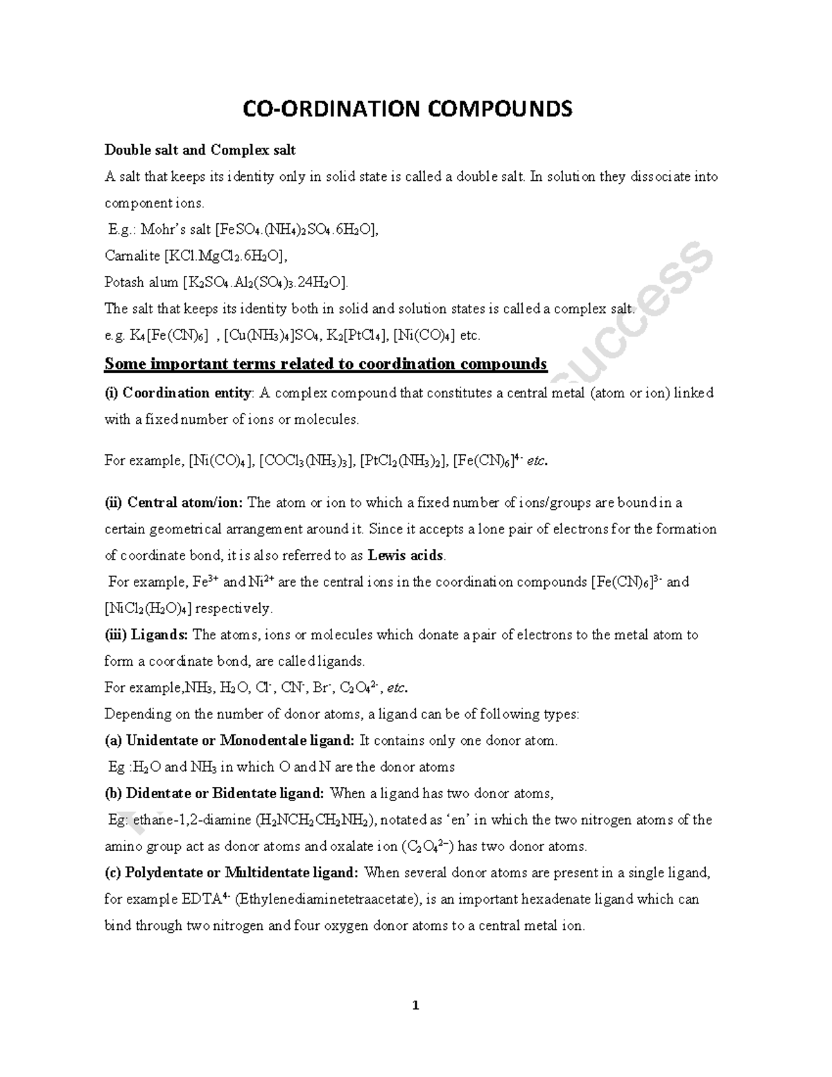Coordination Compounds -Notes - CO-ORDINATION COMPOUNDS Double salt and ...