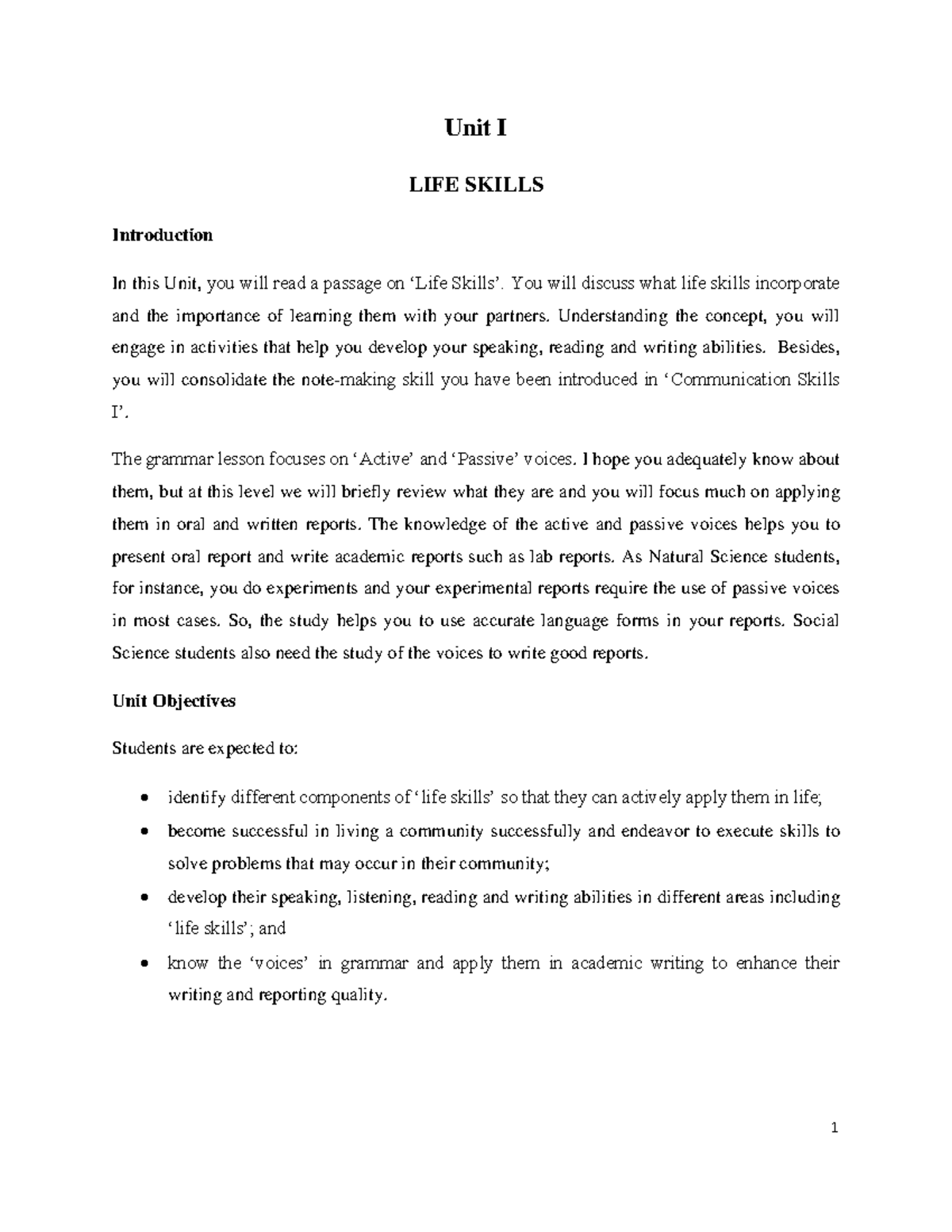 Communicative English Language Skills II - Unit I LIFE SKILLS ...