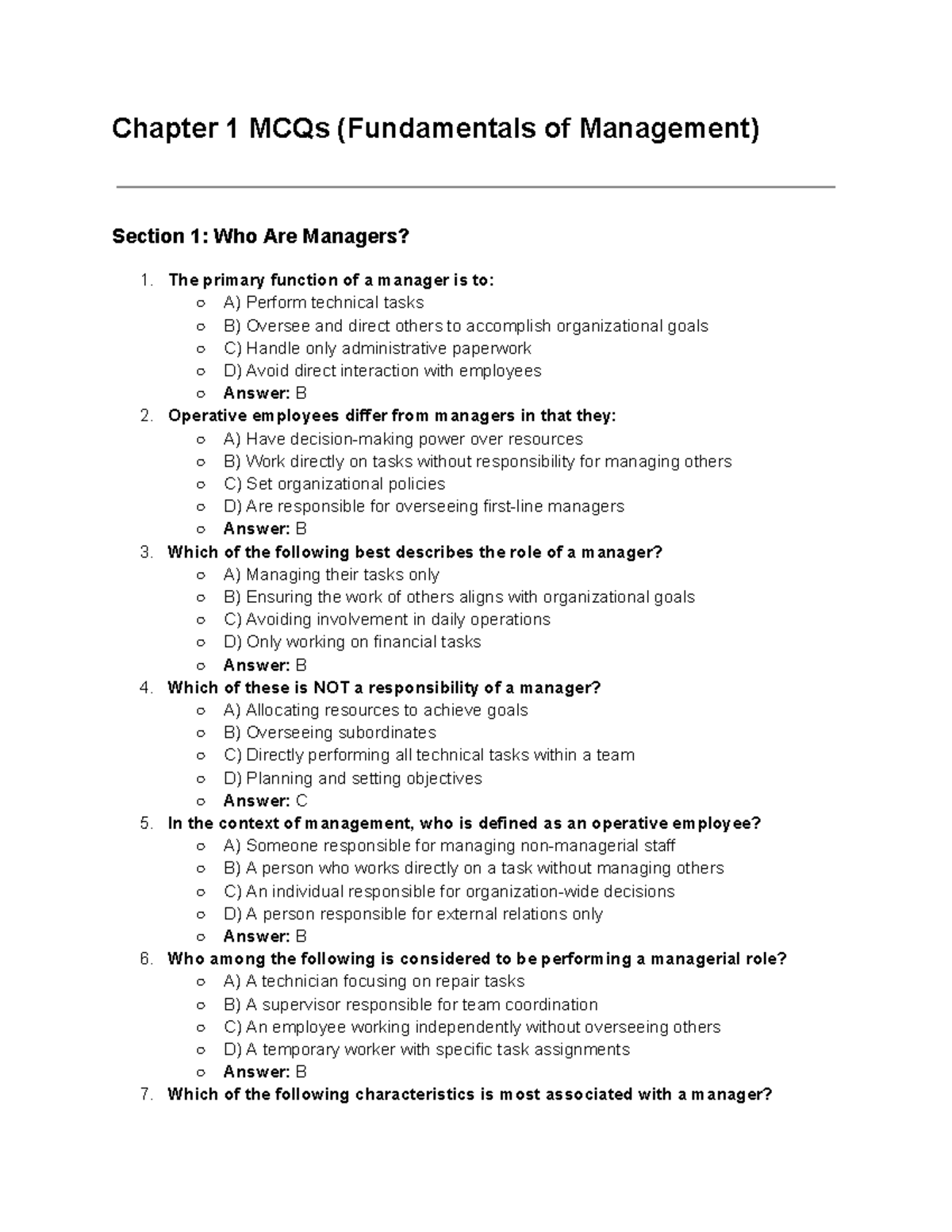 Chapter 1 MCQs (Fundamentals of Management) - Chapter 1 MCQs ...