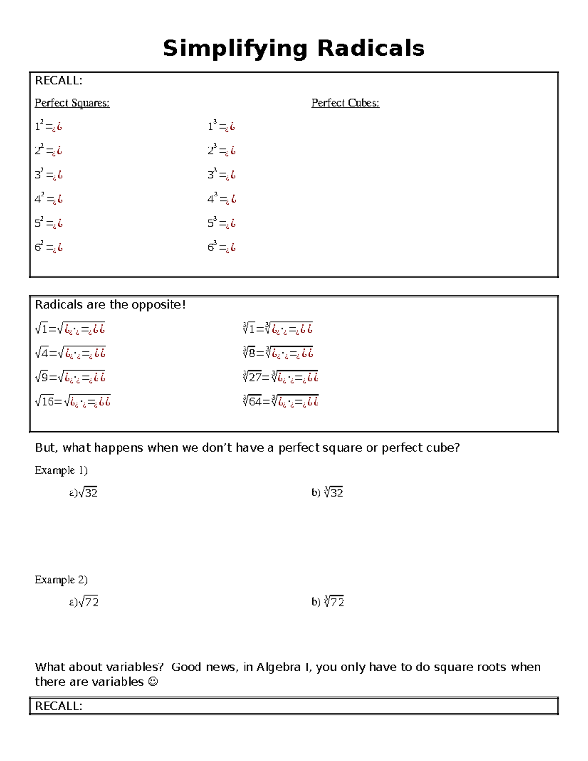 Simplifying Radicals - This - Simplifying Radicals RECALL: Perfect ...