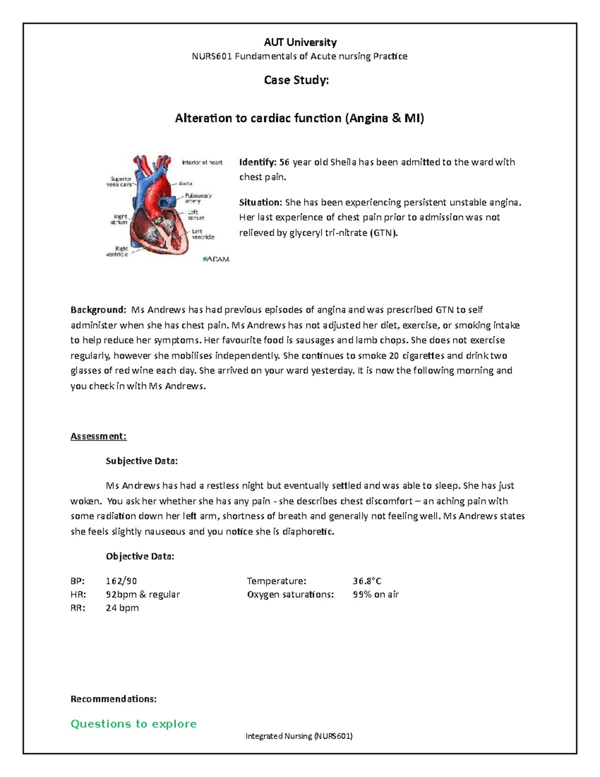 Case Study - Angina MI 8 - practice - AUT University NURS601 ...