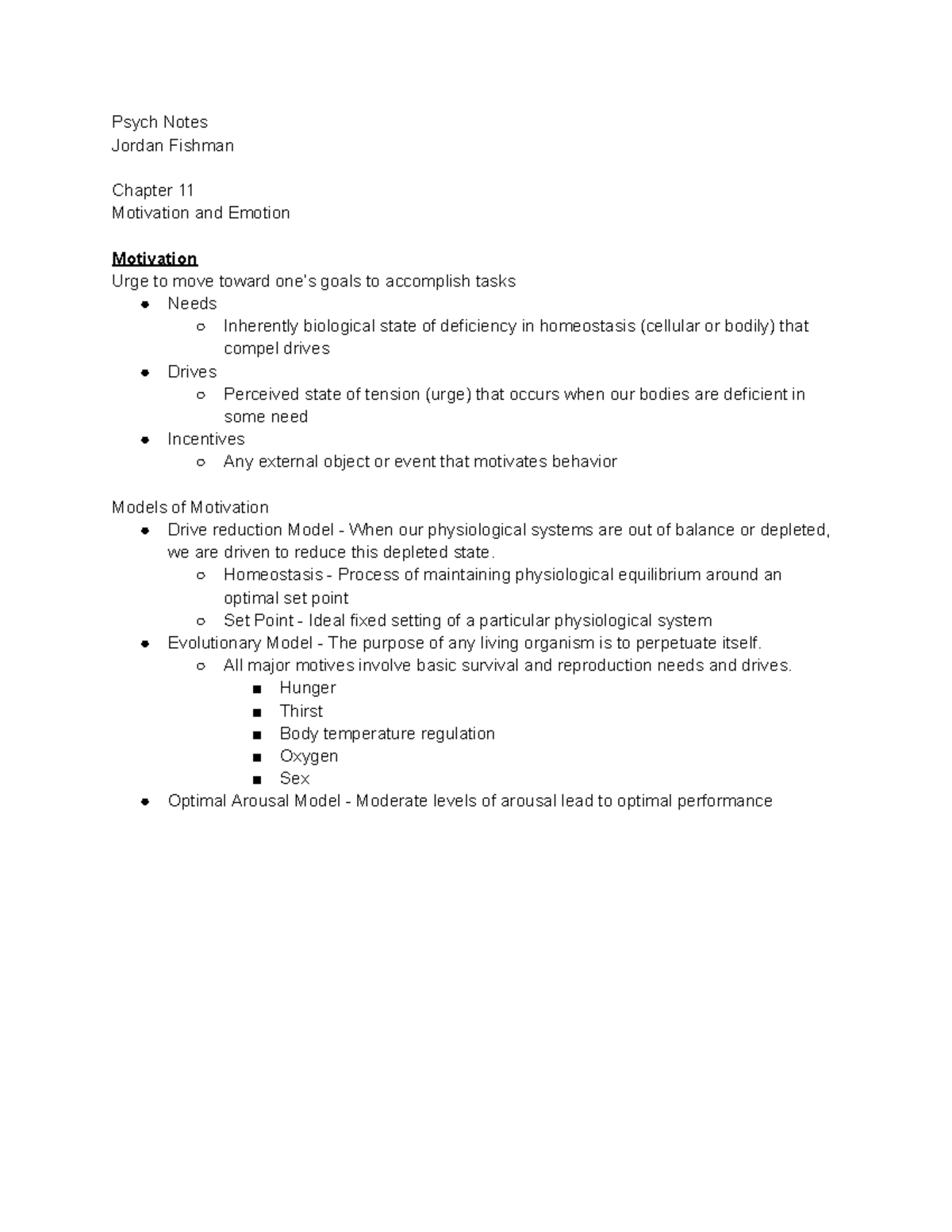Psych notes 3 - Psych Notes Jordan Fishman Chapter 11 Motivation and ...