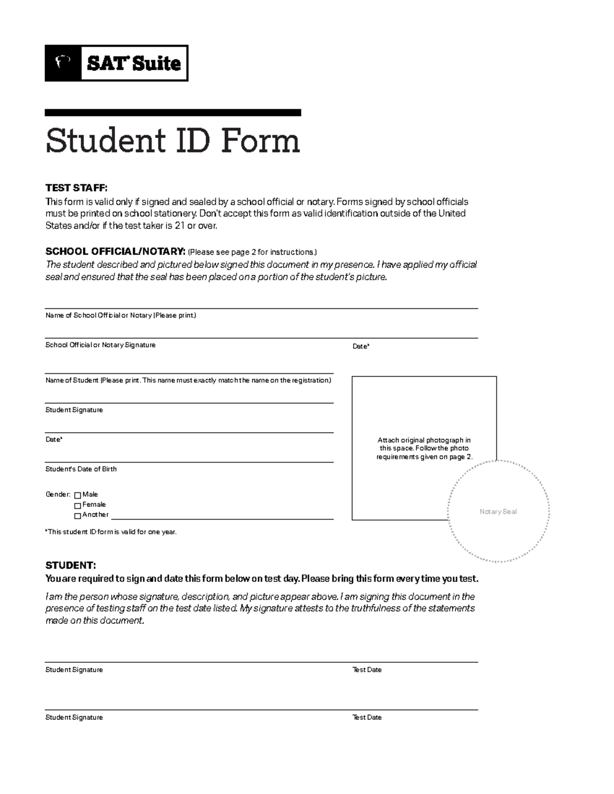 Sat student id form - essay - TEST STAFF: This form is valid only if ...