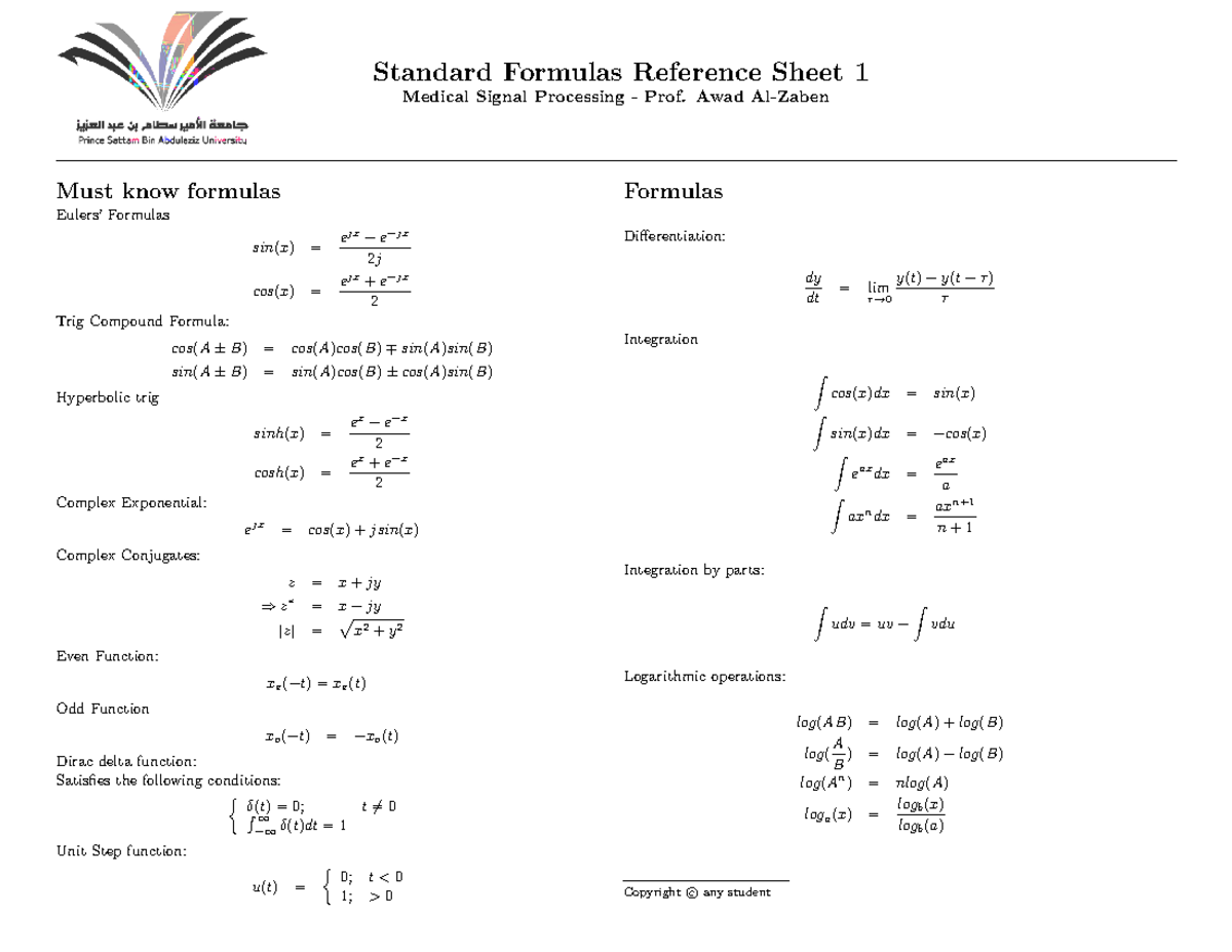 Formulas - correlation - Standard Formulas Reference Sheet 1 Medical ...