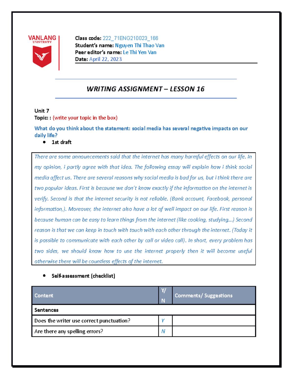 Nguyen Thi Thao Van - unit 7 - sample - Class code: 222_71ENG210023_ Student’s name: Nguyen Thi ...