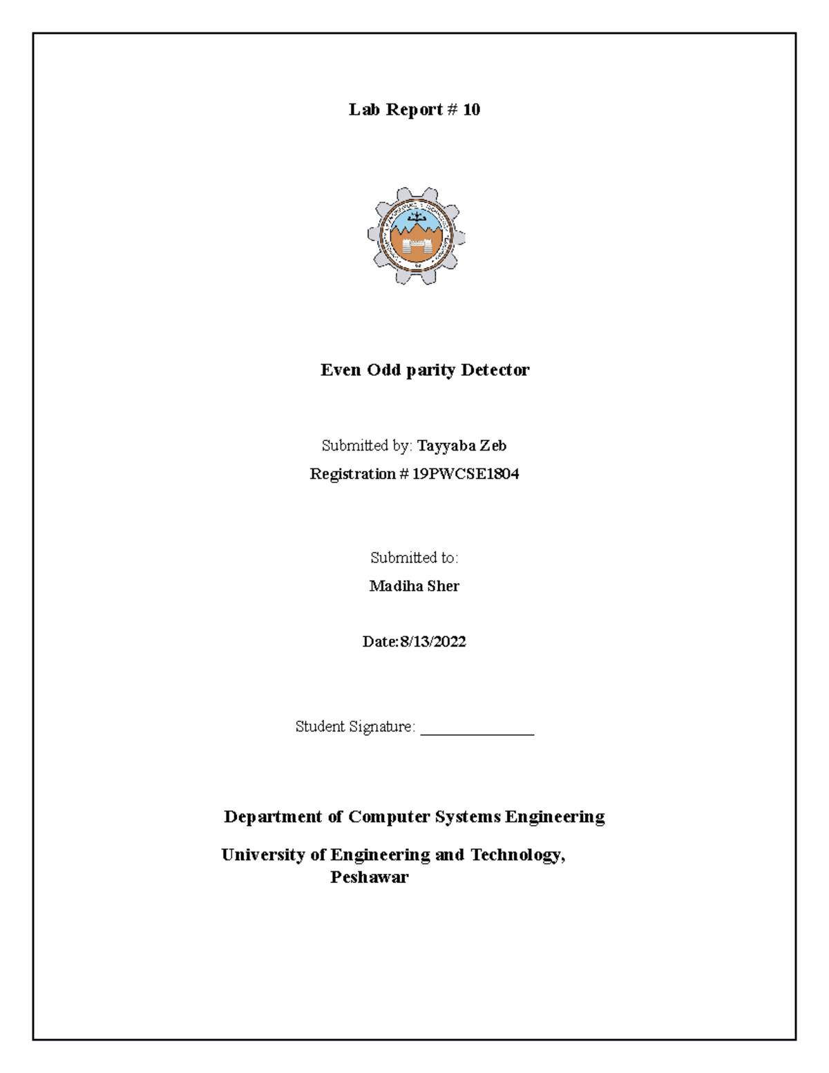 DSD lab report 10(19pwcse 1788) - Lab Report # 10 Even Odd parity ...
