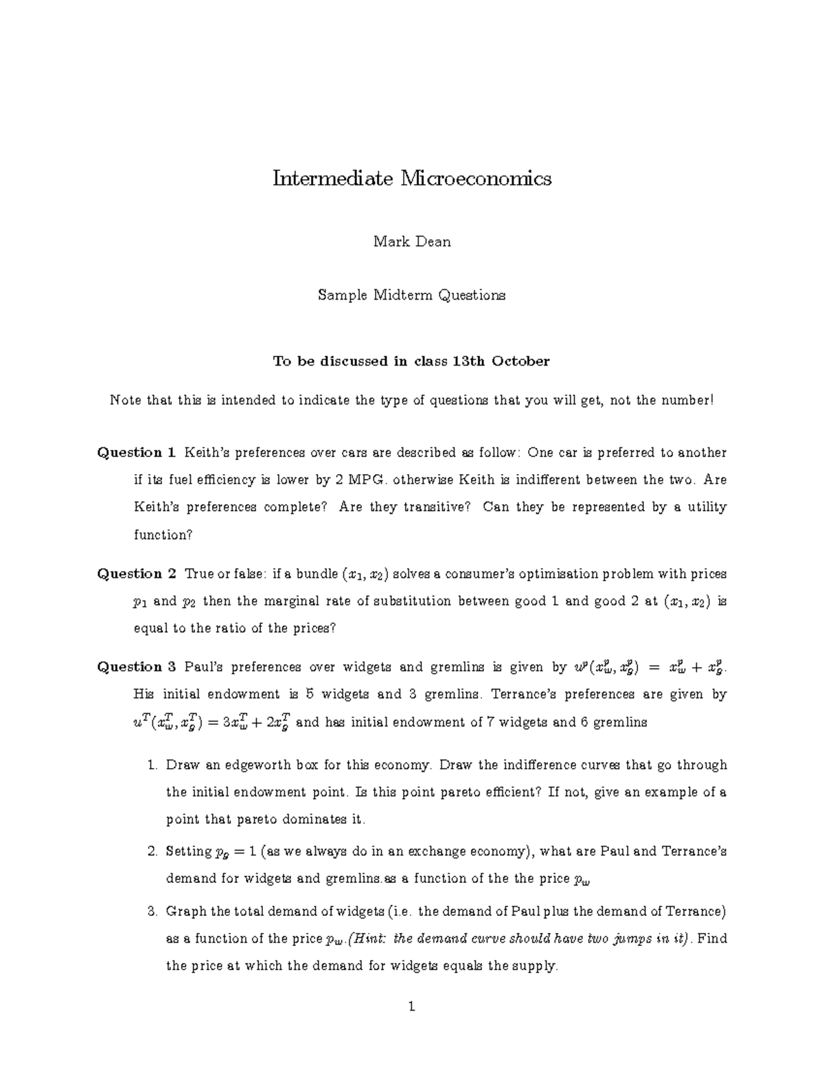 Sample/practice exam - Intermediate Microeconomics Mark Dean Sample ...
