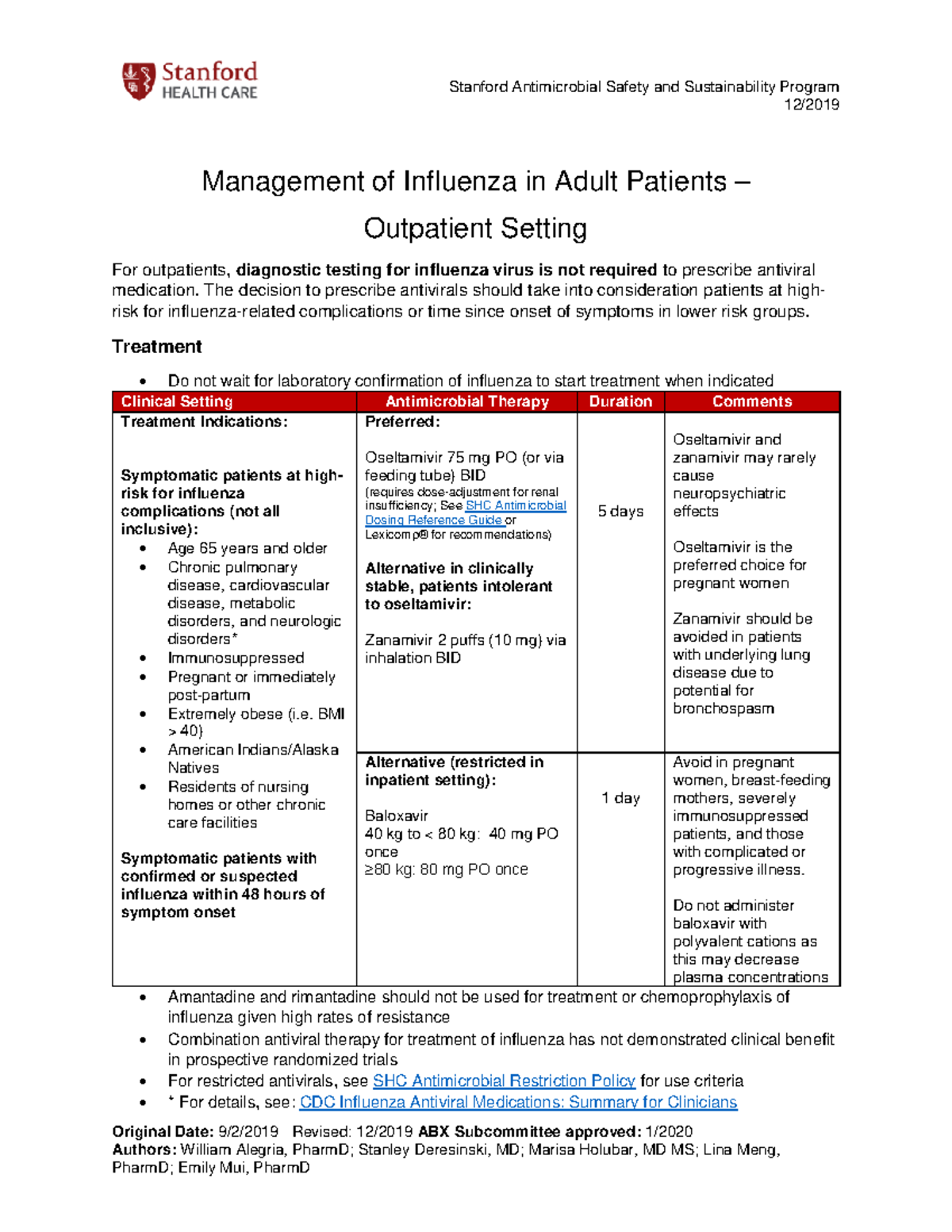 Influenza Treatment Guide - Stanford Antimicrobial Safety and ...
