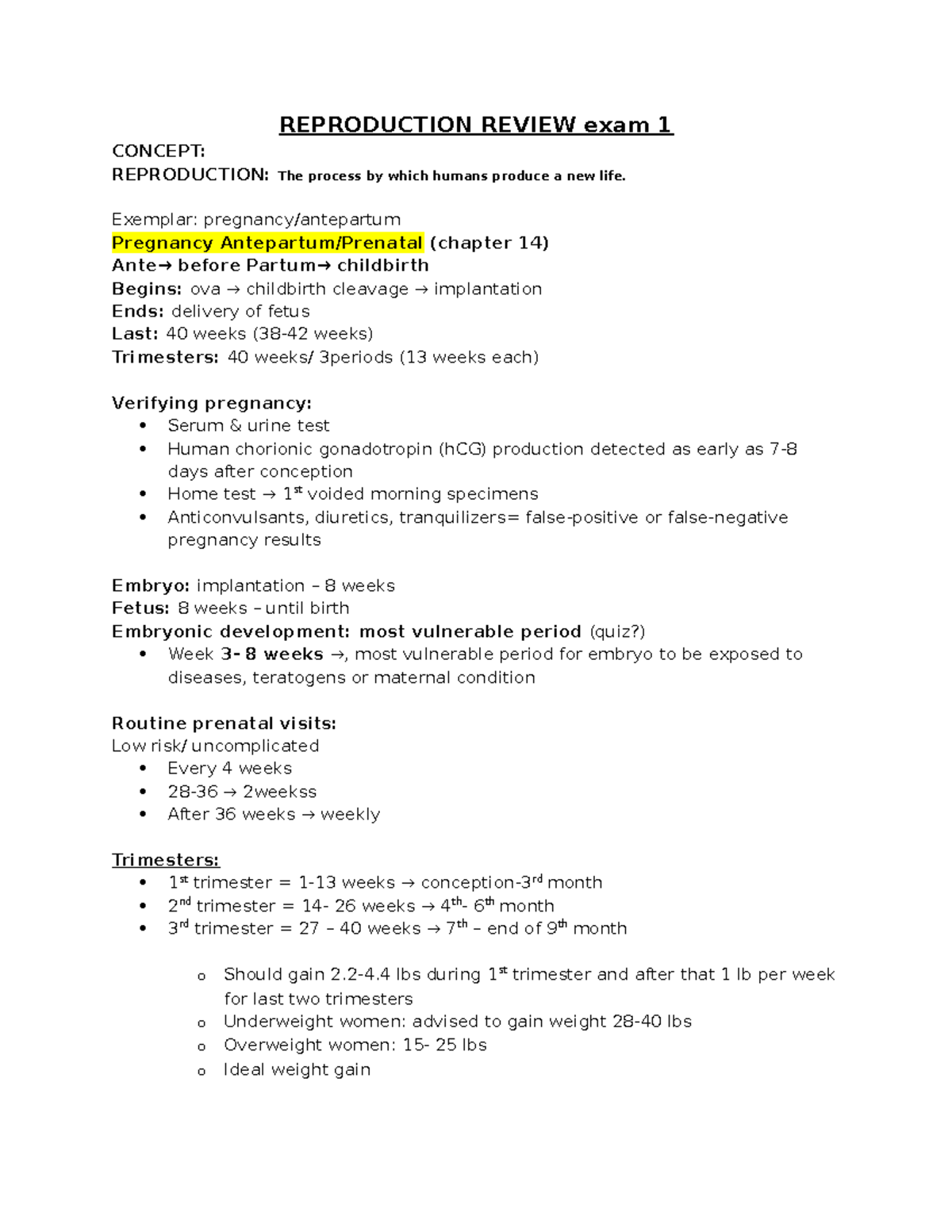 EXAM 1 Review Reproduction - REPRODUCTION REVIEW exam 1 CONCEPT ...
