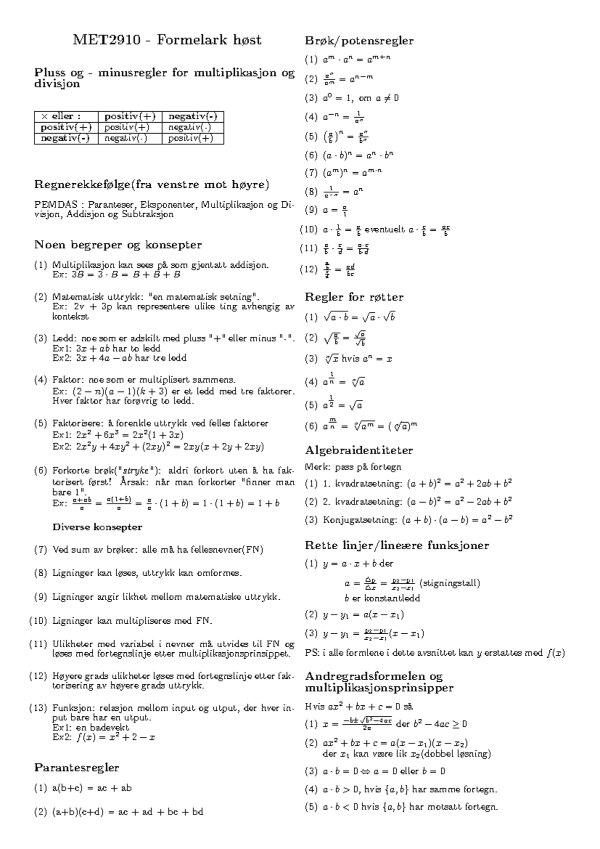 Formelark høst - MET2910 - Formelark høst Pluss og - minusregler for ...