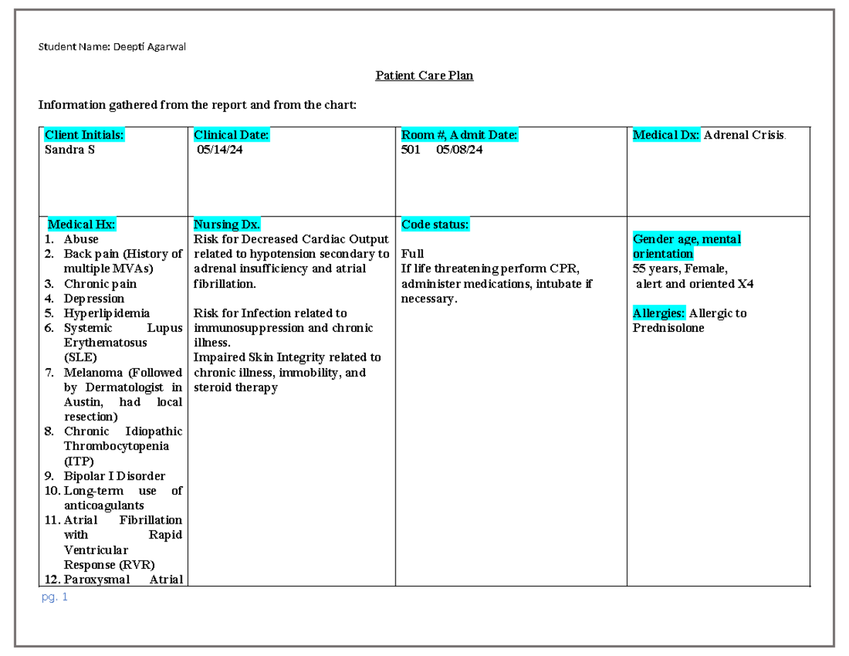 Si care plan 1 - care plan - Patient Care Plan Information gathered ...