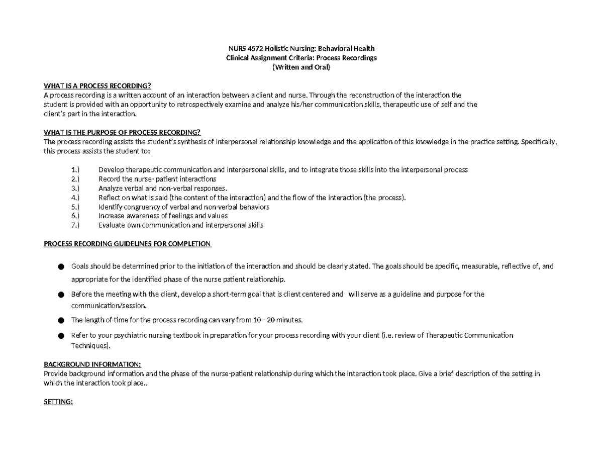 Process Recording 1 - very good. - NURS 4572 Holistic Nursing ...