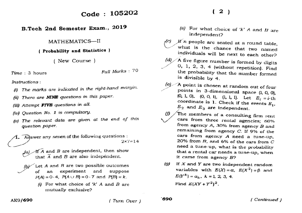 Btech 2 sem mathematics 2 probability and statistics 105202 2019 ...