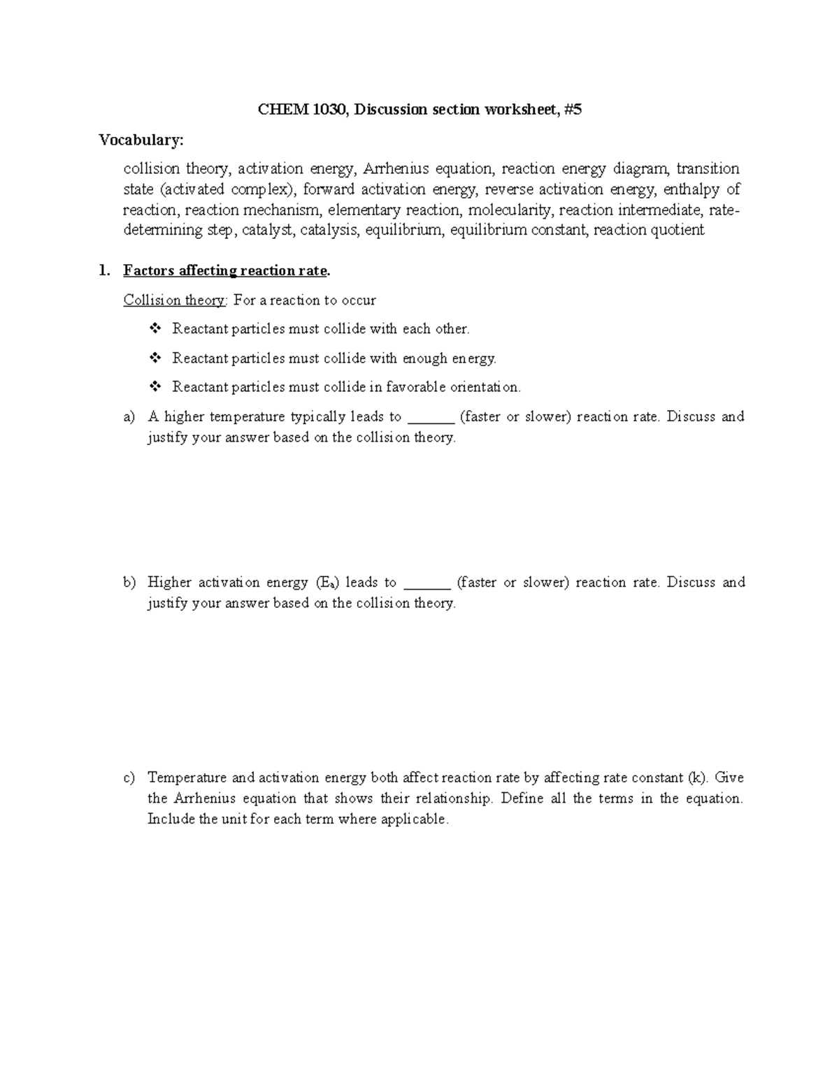 Chemistry 1030: Collision Theory Activation Energy Arrhenius Equation ...
