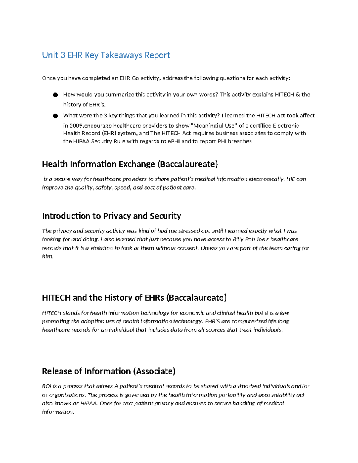 HSS215 U3IP Assignment-Key-Learning - Unit 3 EHR Key Takeaways Report Once you have completed an ...