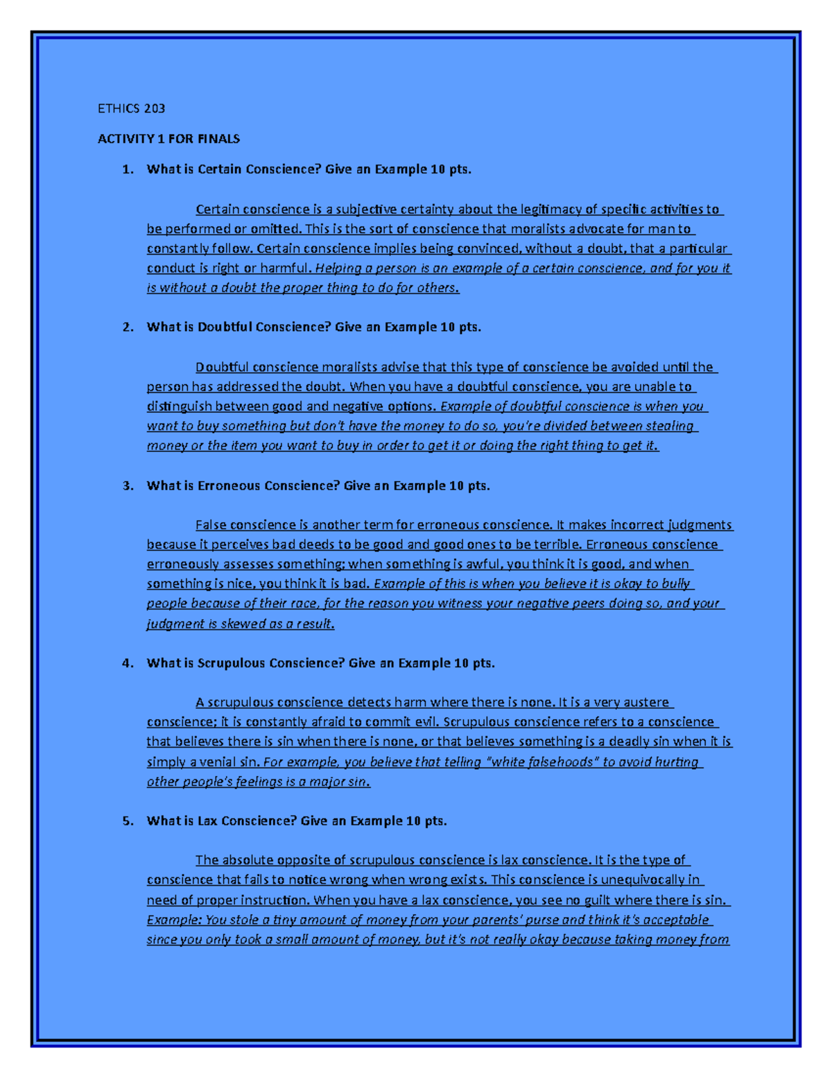 Ethics Activity - business ethics - DHVSU - Studocu