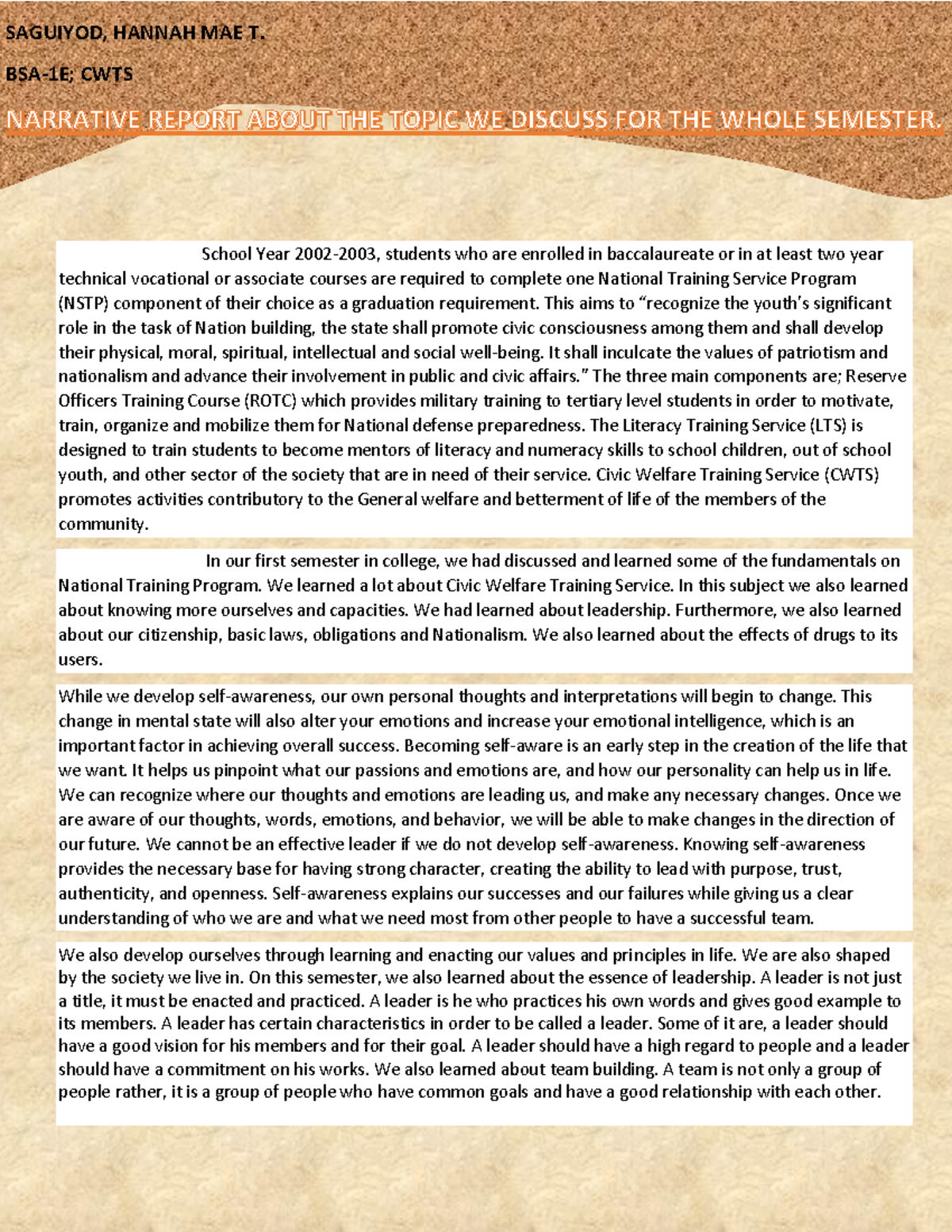 Saguiyod, Hannah Mae T.BSA-1E - Narrative Report - SAGUIYOD, HANNAH MAE ...