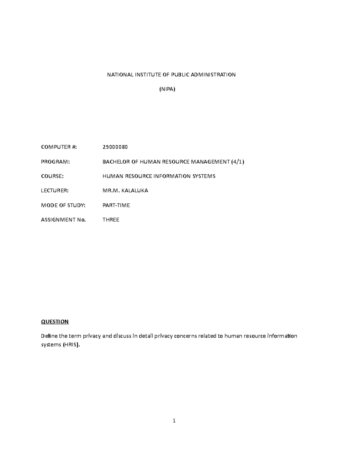 HRIS Assignment 3 - NATIONAL INSTITUTE OF PUBLIC ADMINISTRATION (NIPA ...