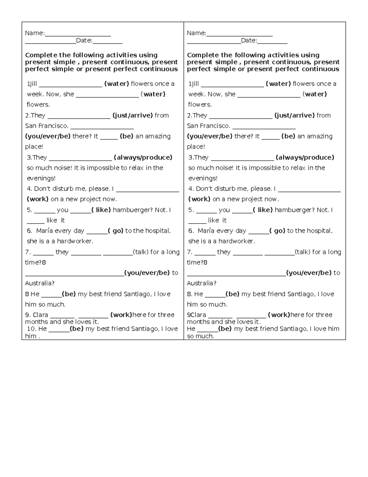 Present tenses - actividad - Name:______________________ _______Date ...