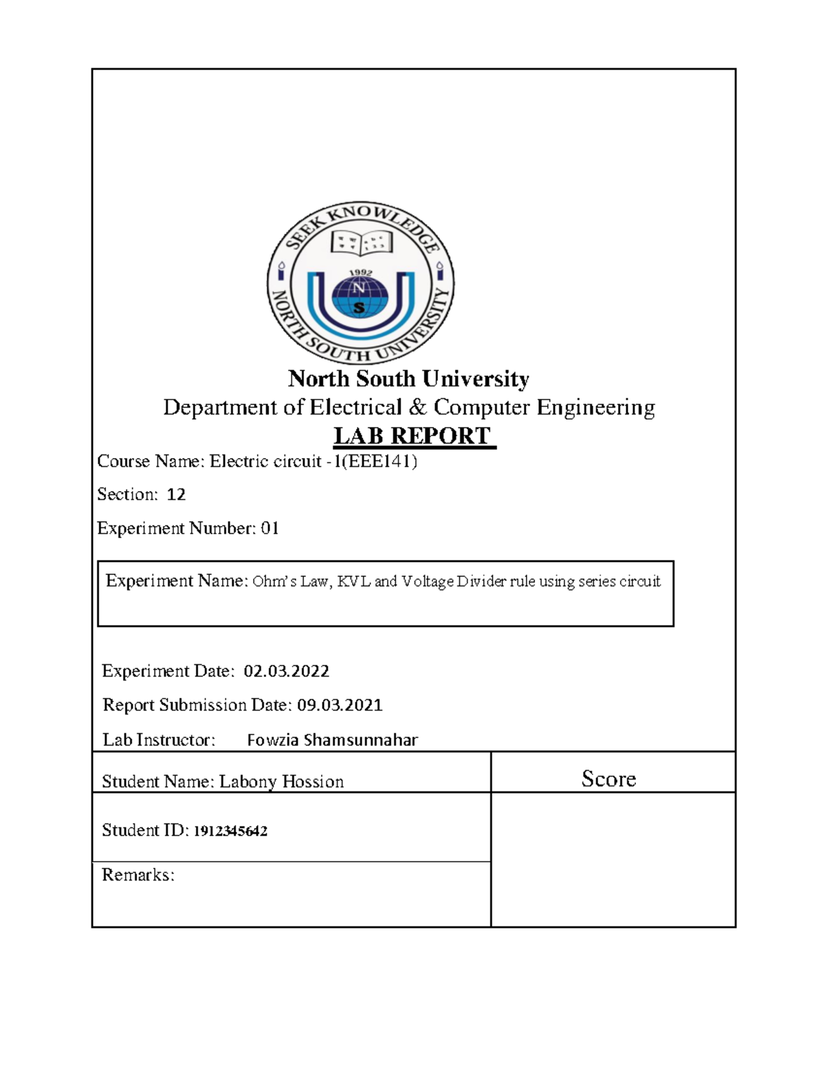 Eee141 lab1 - wqxxwew - North South University Department of Electrical & Computer Engineering ...