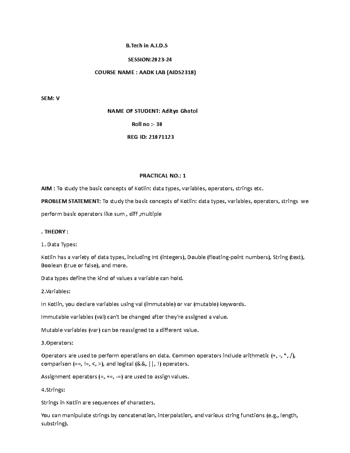 Practicals Of Android Mobile Application Development Lab B In A I D Session 2023 Course Name