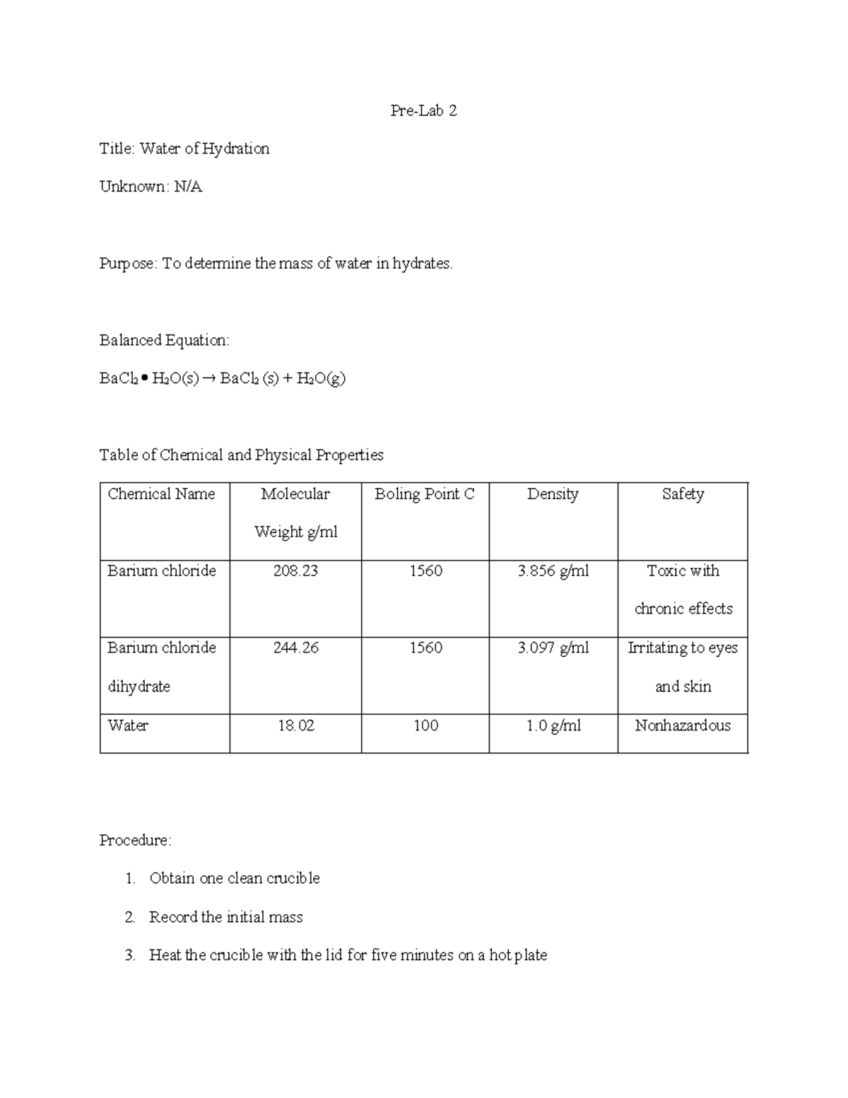 Lab Two: Water of Hydration - Pre-Lab 2 Title: Water of Hydration ...
